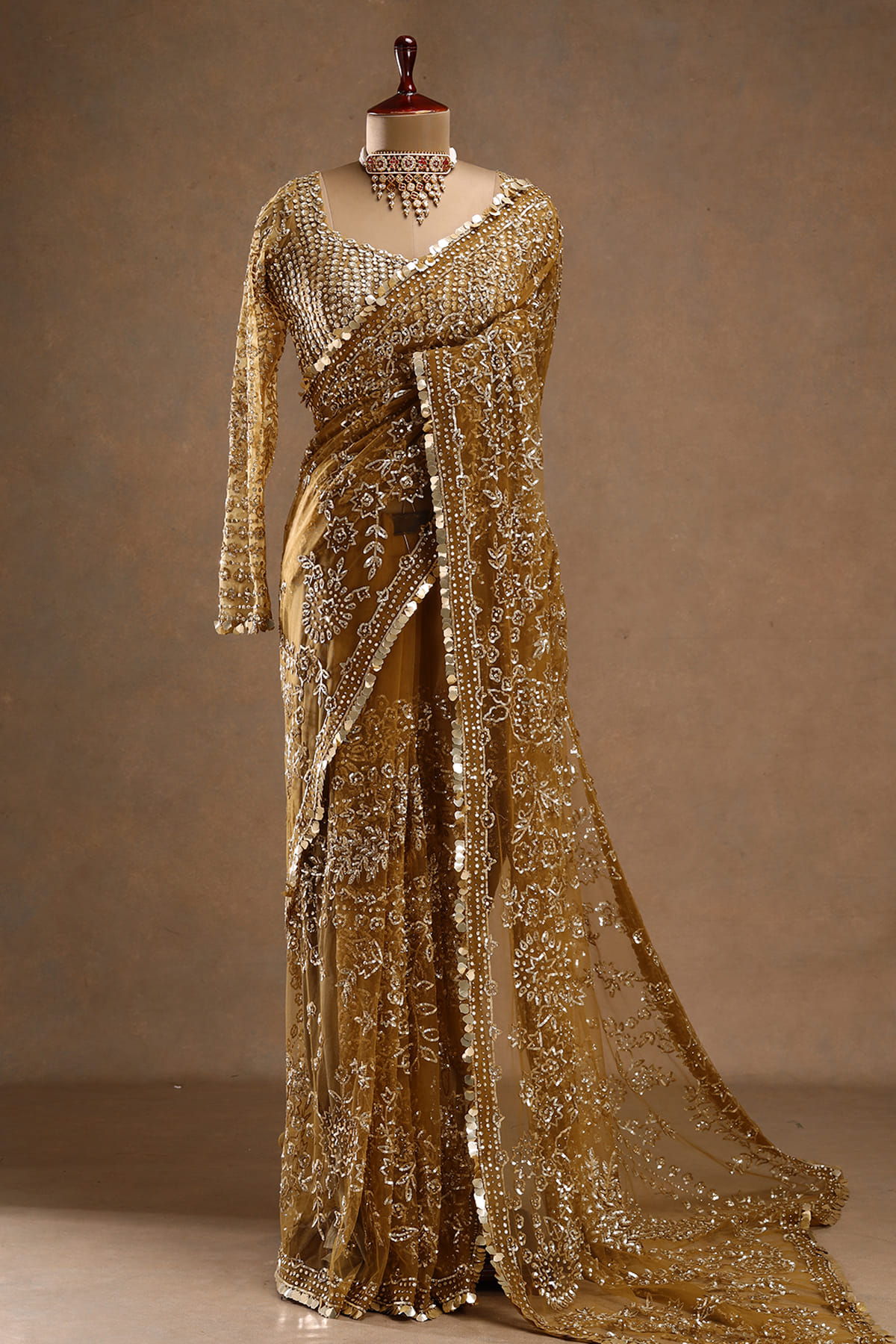 Buy Antique Gold Net Designer Saree with Full Sleeve Readymade Blouse ...