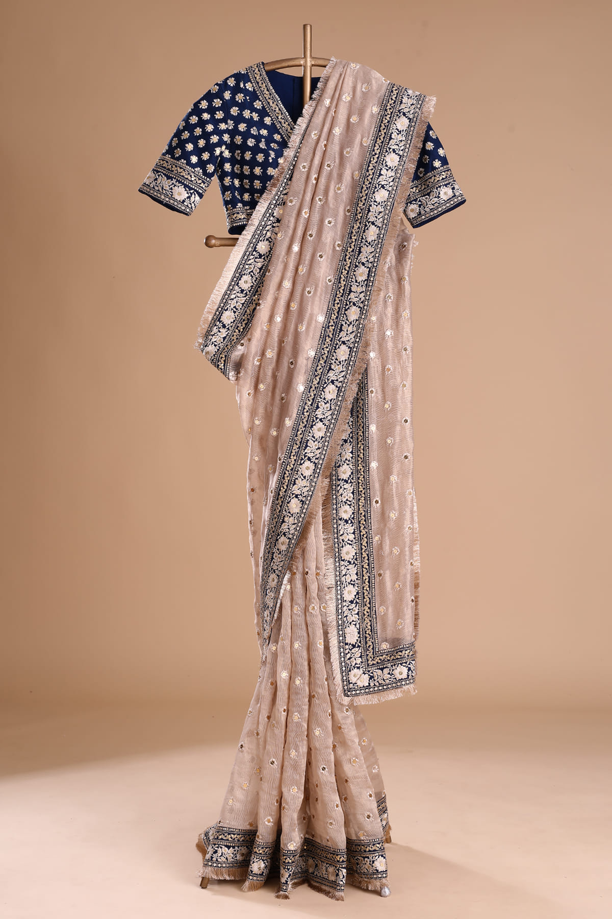 Buy Beige & Gold Sequins Embroidered Organza Saree Online | Samyakk