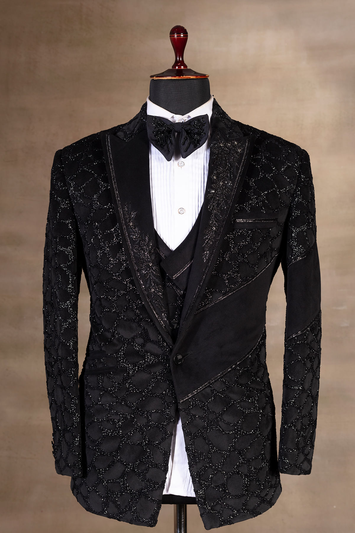 Buy Black Bead Embroidered Suede Tuxedo Suit Online | Samyakk