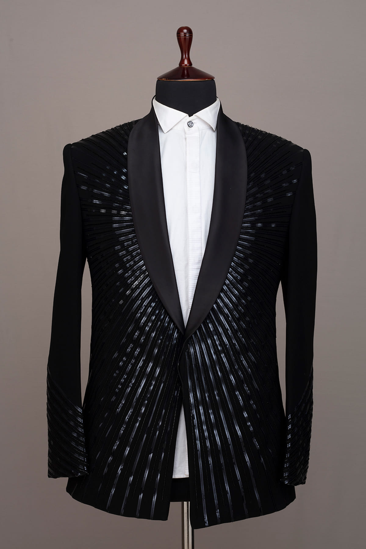Buy Black Metallic Strip Embroidered Italian Tuxedo Suit Online | Samyakk
