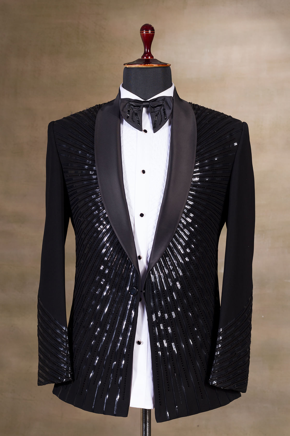 Buy Black Metallic Strip Work Italian Tuxedo Suit Online | Samyakk