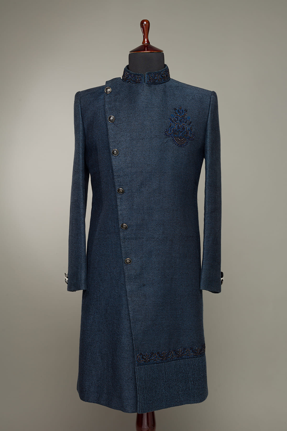Buy Blue Bead Embroidered Silk Indowestern Sherwani Online | Samyakk