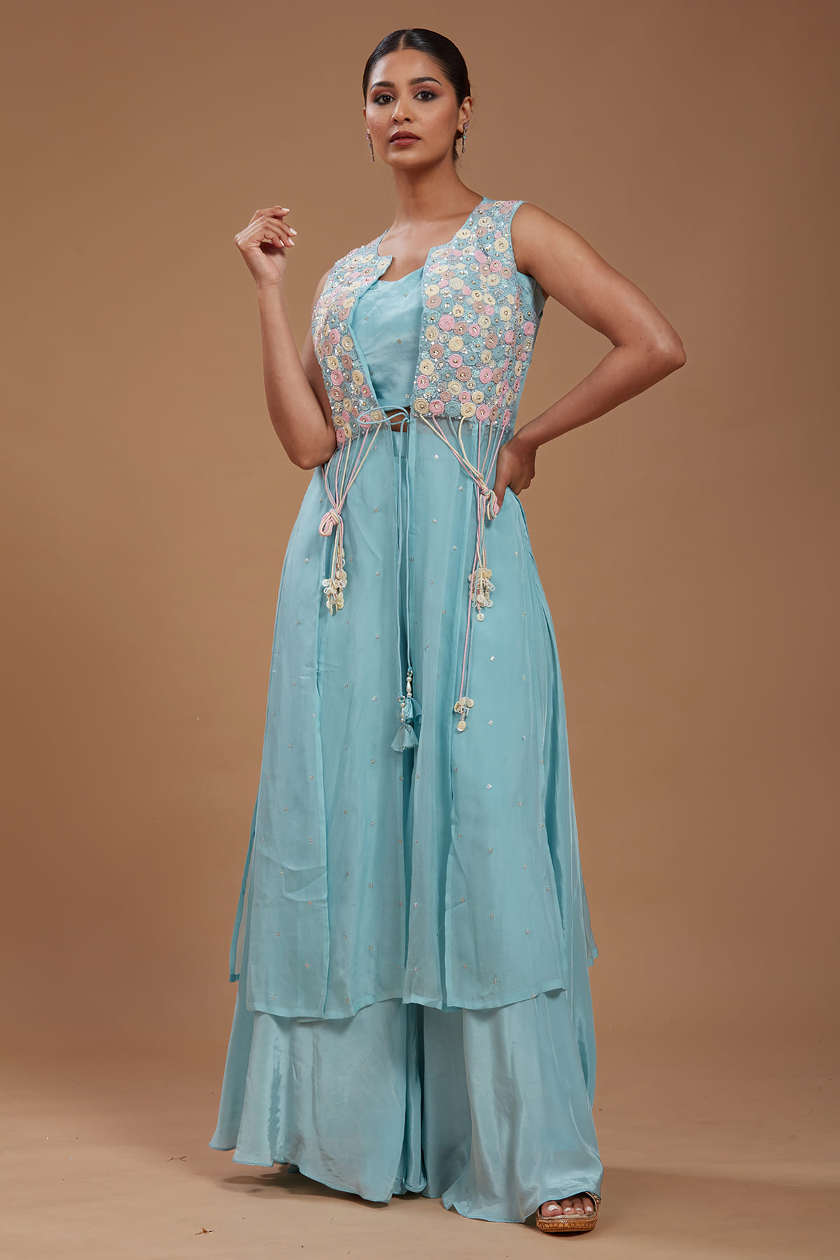 Buy Blue Crepe Crop Top Suit with Embroidered Jacket Online | Samyakk