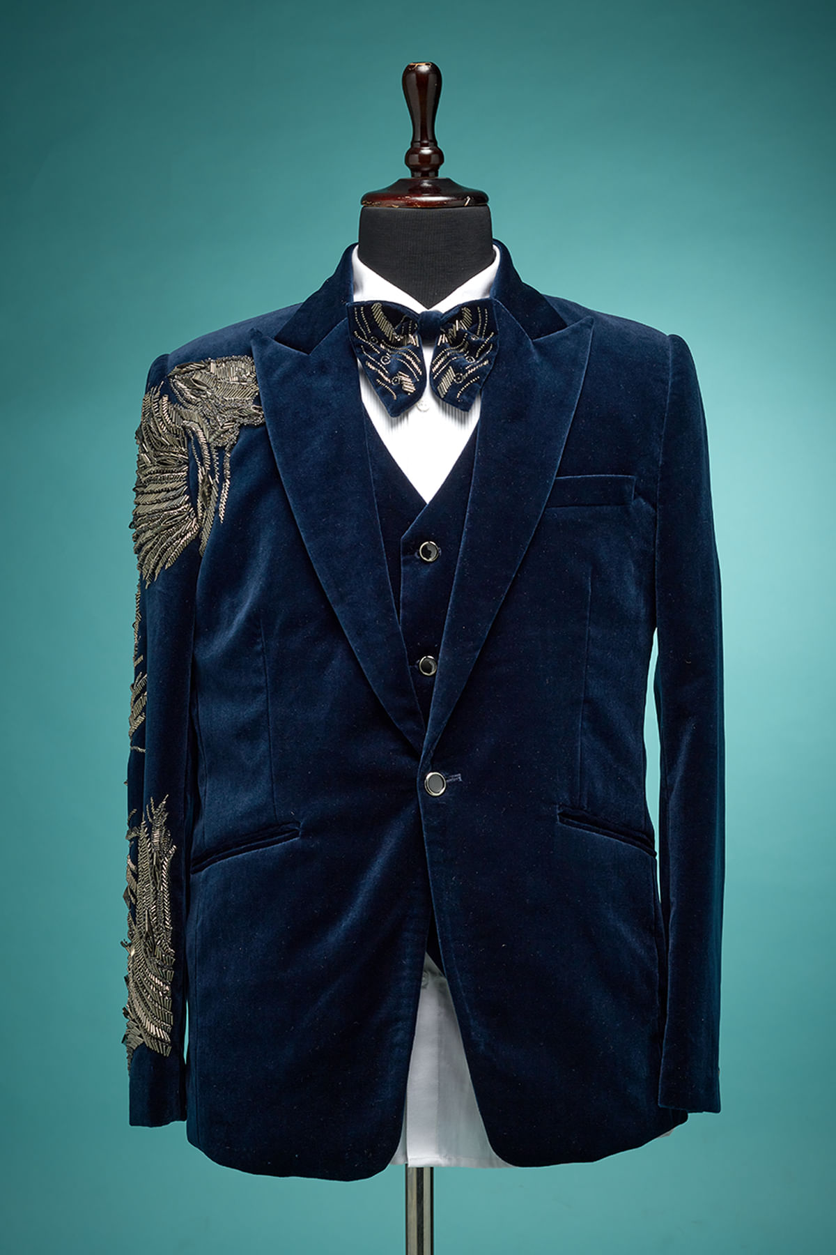 Buy Blue Cutdana Embroidered Suede Tuxedo Suit Online | Samyakk