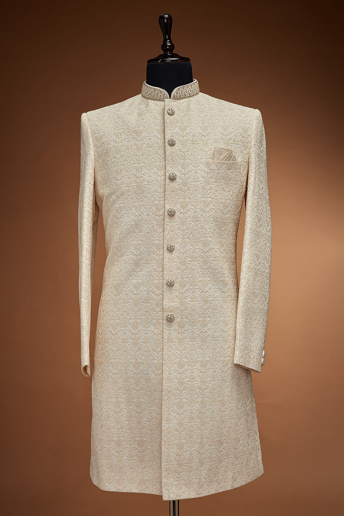 Buy Cream Resham Work Silk IndoWestern Sherwani with Mandarin Collar Online | Samyakk