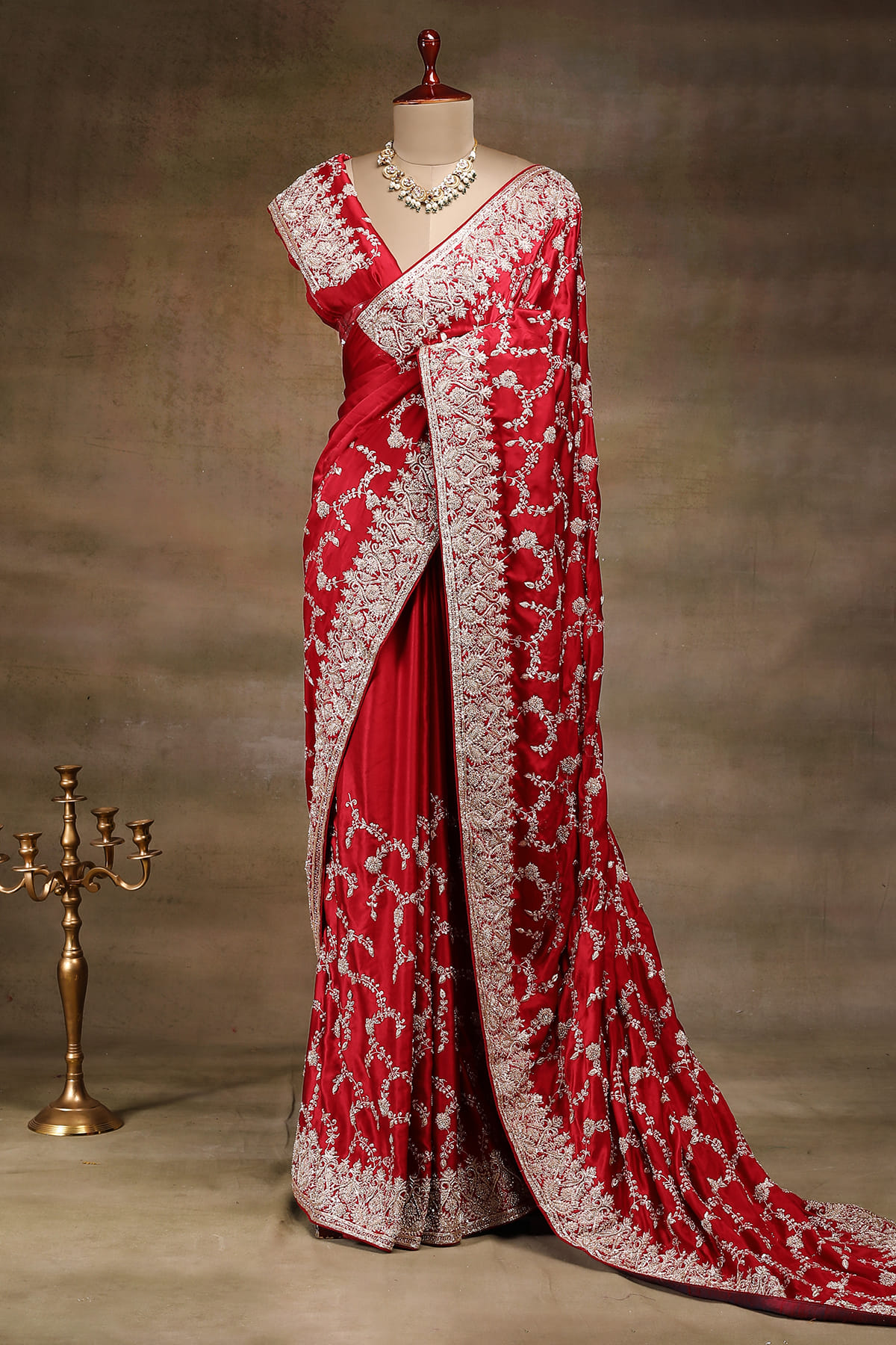 Buy Crimson Red Zardosi Embroidered Satin Saree Online | Samyakk
