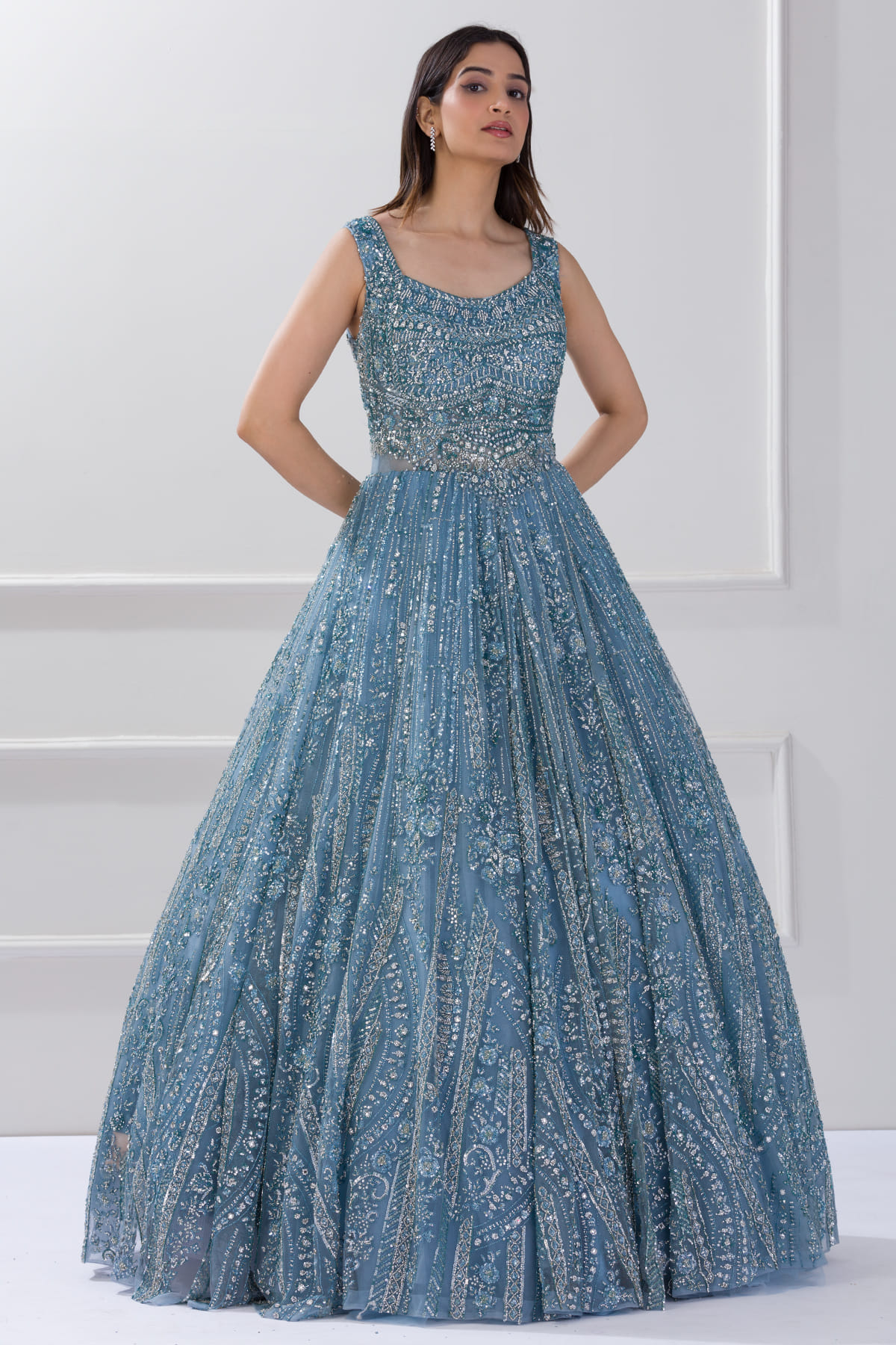 Buy Cyaneus Blue Sequins Embroidered Net Reception Gowns Online | Samyakk
