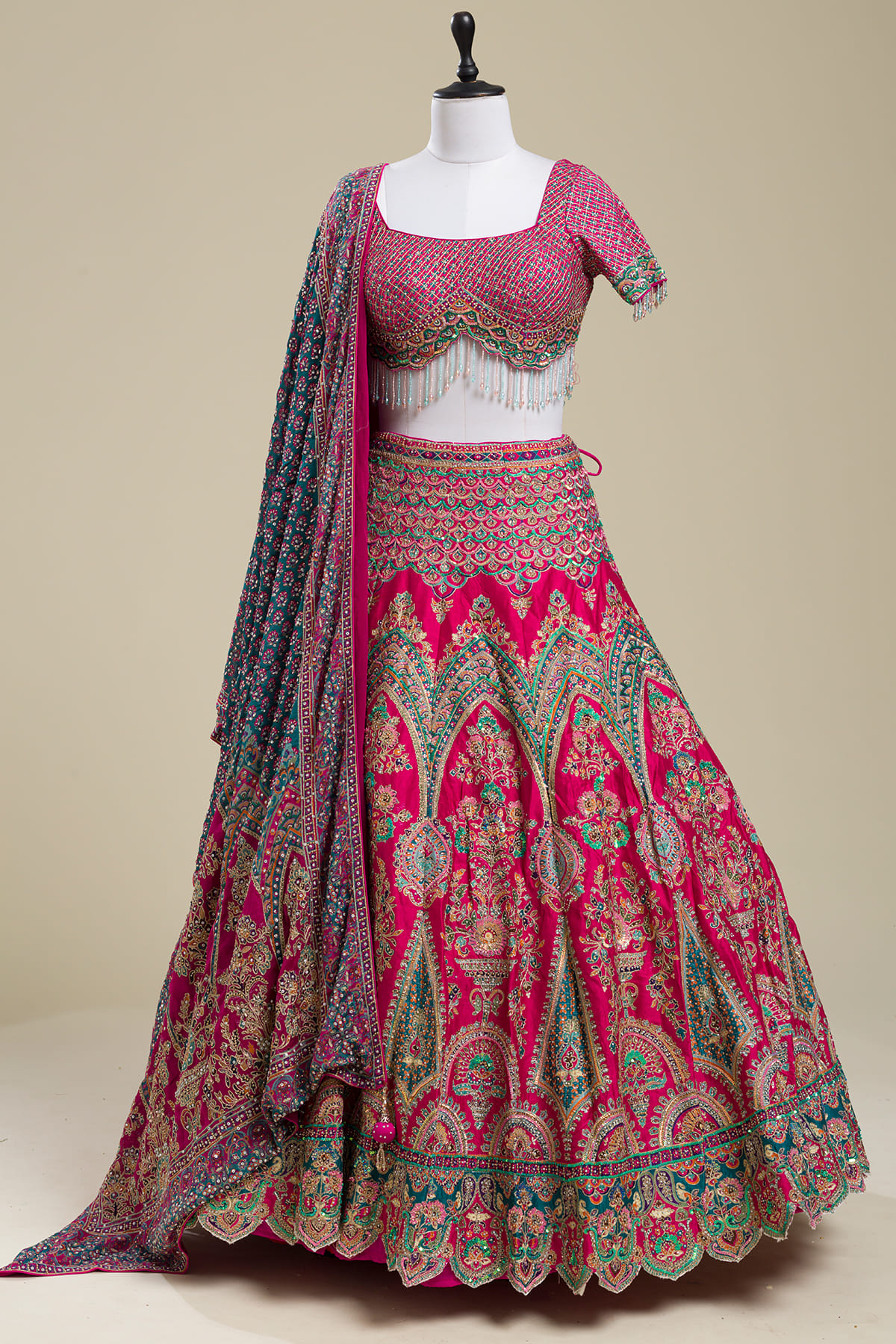 Buy Dark Pink Panel Style Silk Bridesmaids Lehenga with Half Sleeve ...
