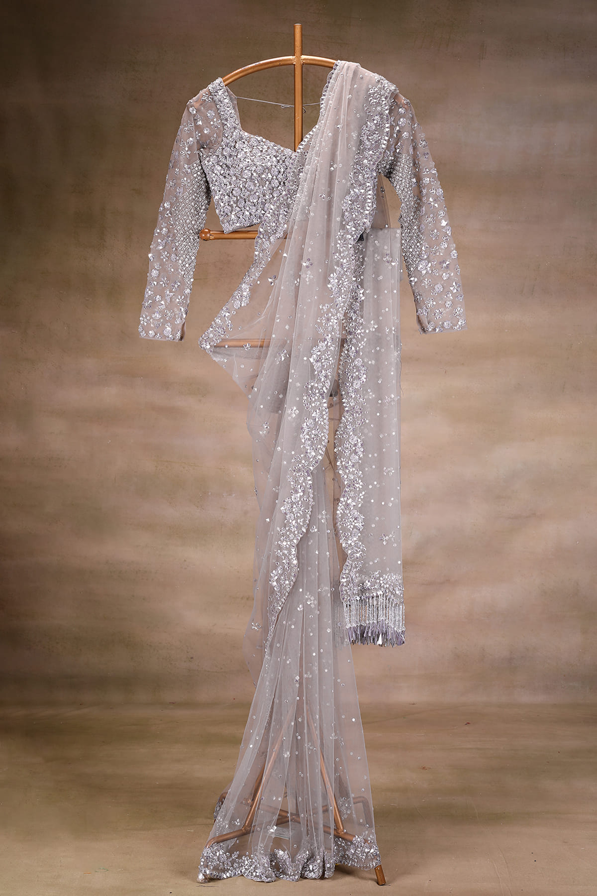 Buy Grey Sequins Embroidered Net Designer Saree with Readymade Blouse ...