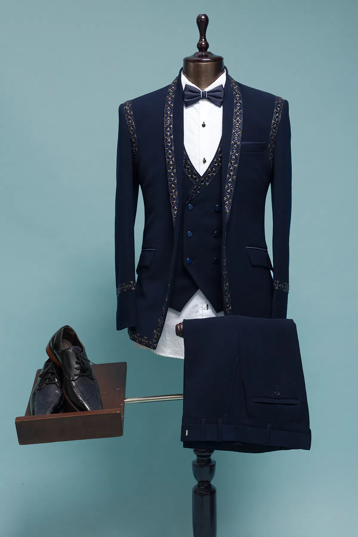 Buy Dark Midnight Blue Cutdana Embroidered Italian Tuxedo Suit Online | Samyakk