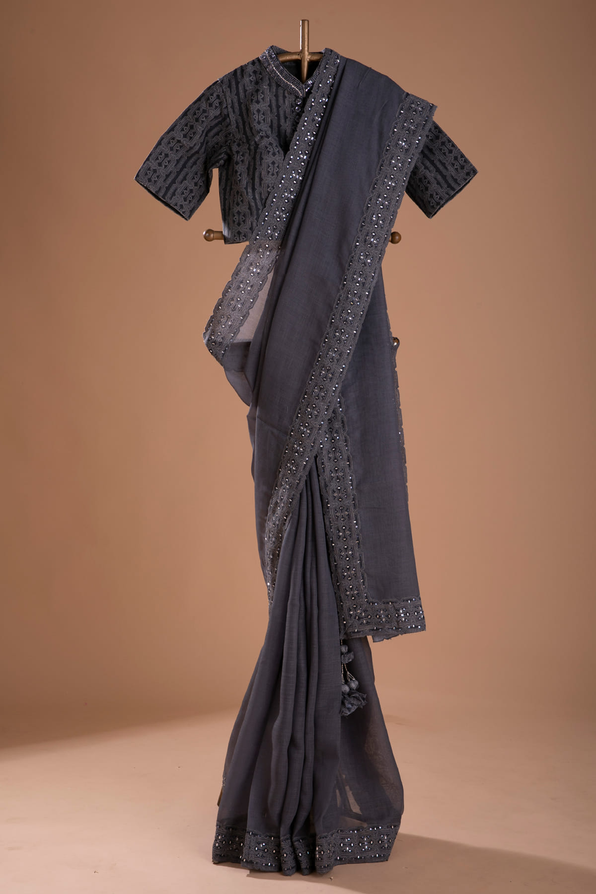 Buy Iron Gate Grey Sequins Embroidered Linen Saree Online | Samyakk