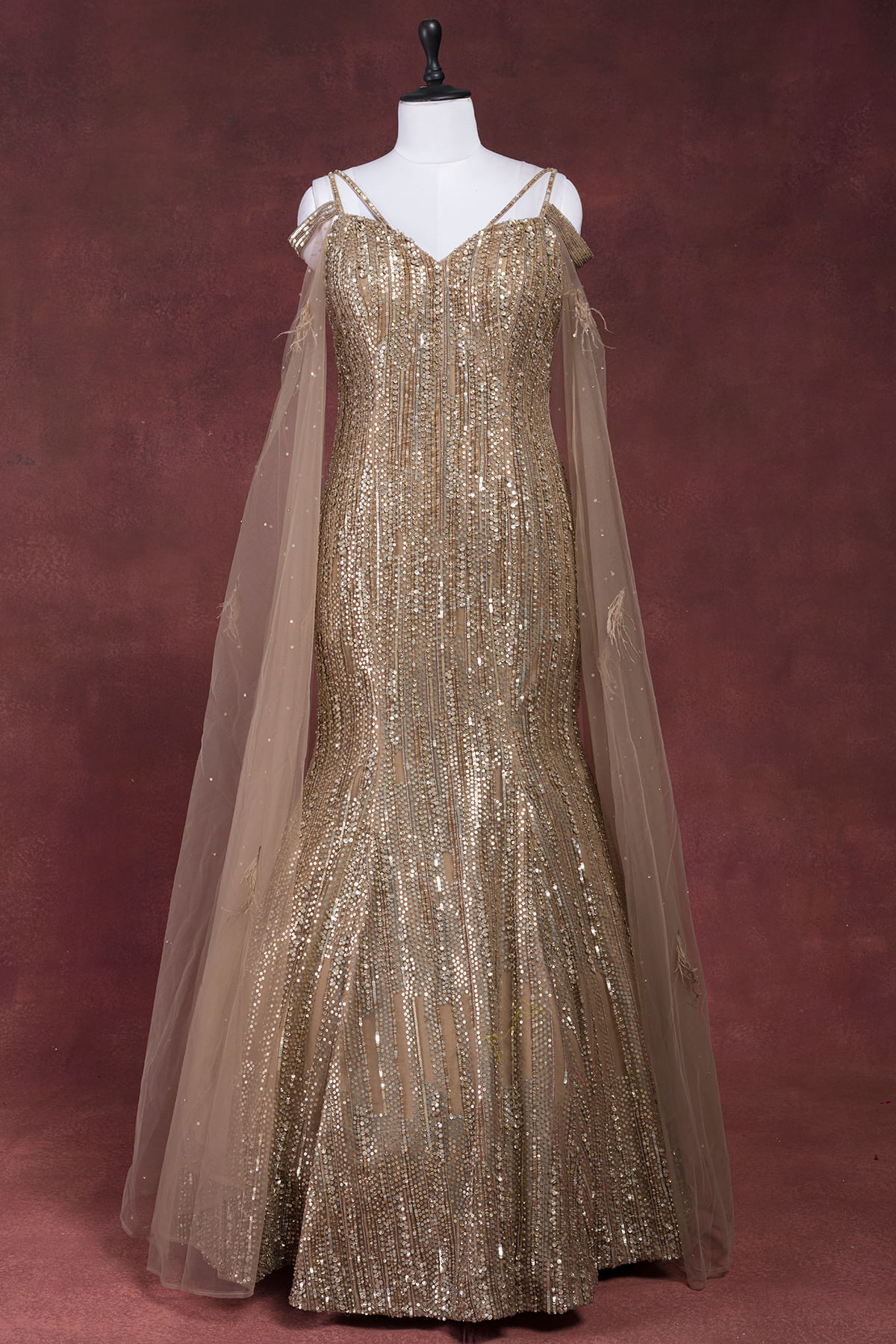 Buy Light Brown Net Mermaid Style Cocktail Gown with Strap Sleeve ...