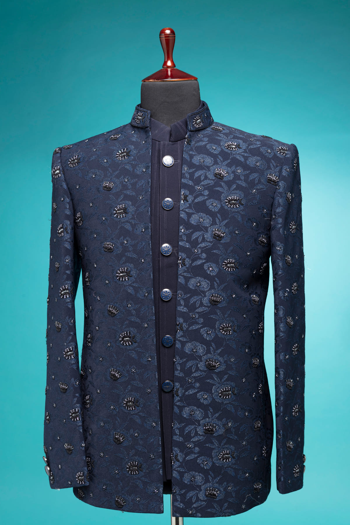 Buy Midnight Blue Bead Embroidered Terry Rayon Jodhpuri Suit Online | Samyakk