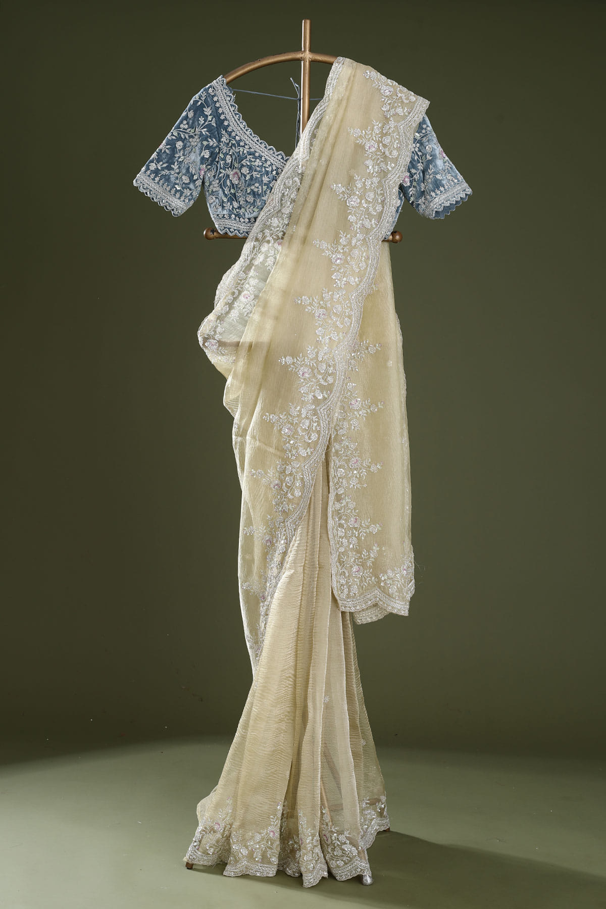 Buy Moonlight Beige Sequins Embroidered Wrinkled Tissue Organza Saree ...