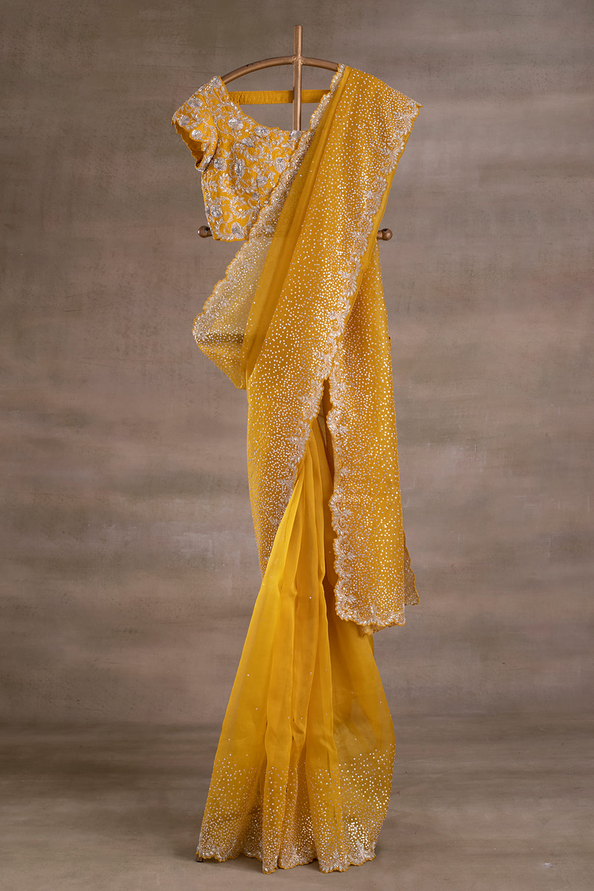 Buy Mustard Yellow Organza Designer Saree with Sequins Work and ...