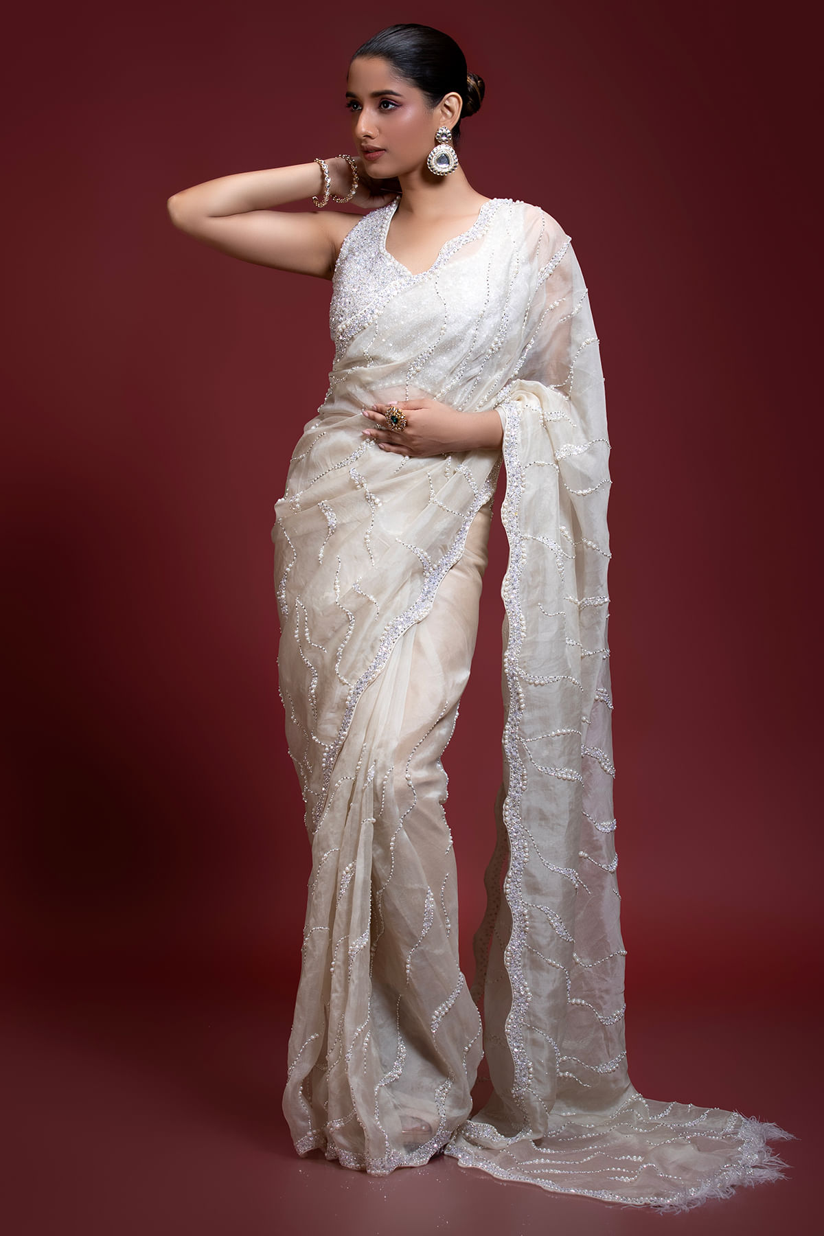 Buy Off White Organza Designer Saree With Pearl Work And Readymade ...