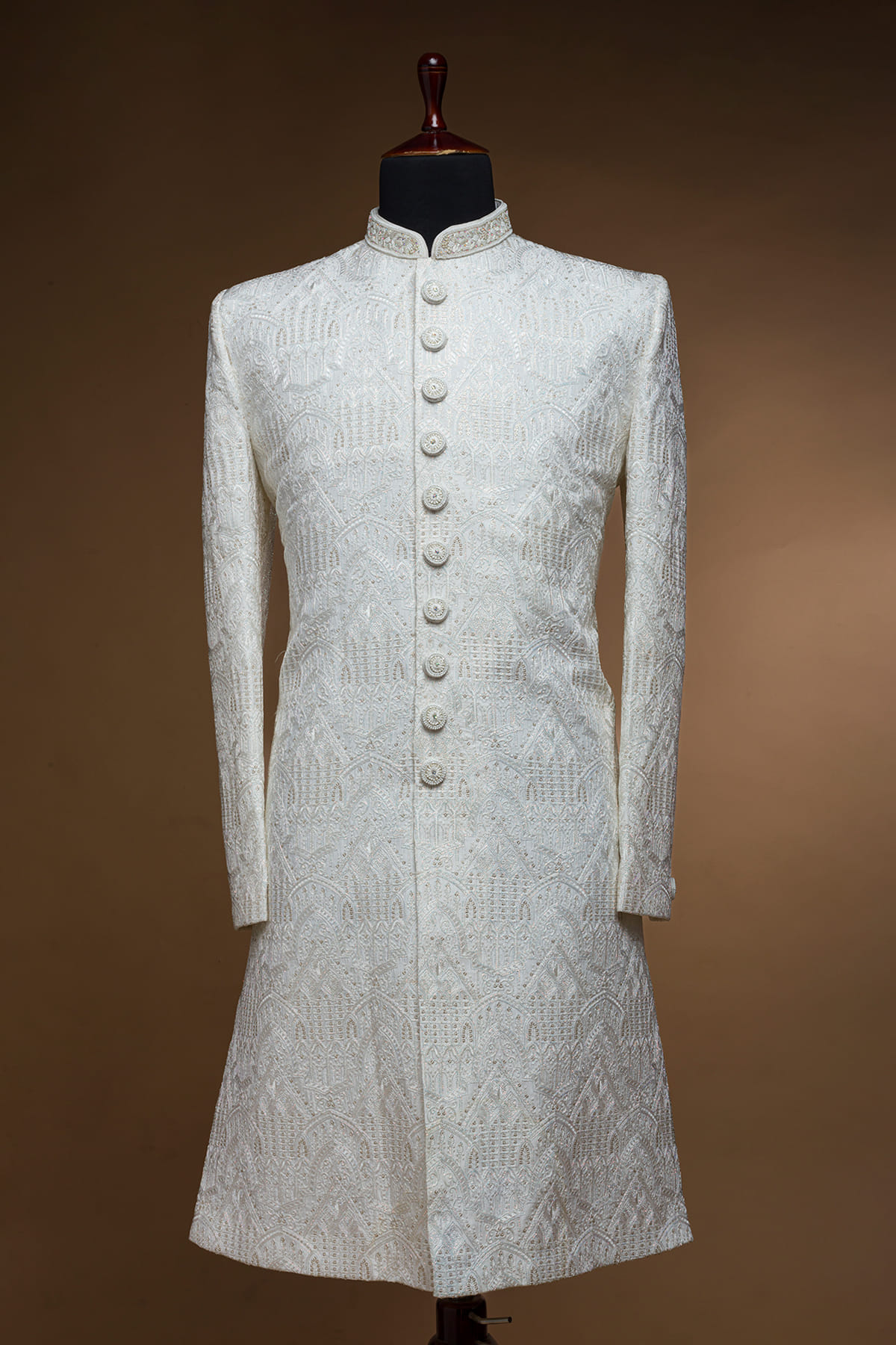 Buy Off White Silk IndoWestern Sherwani with Straight Cut Style and Mandarin Collar Online | Samyakk