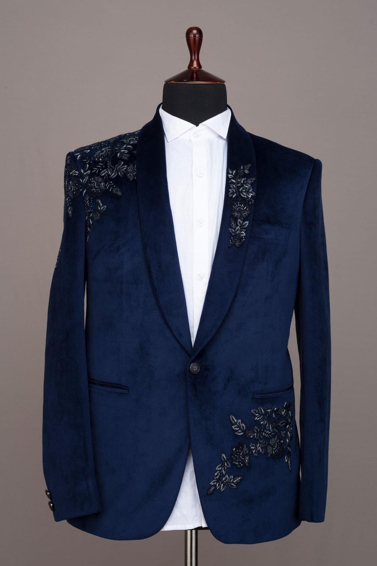 Buy Pageant Blue Bead Embroidered Suede Tuxedo Suit Online | Samyakk