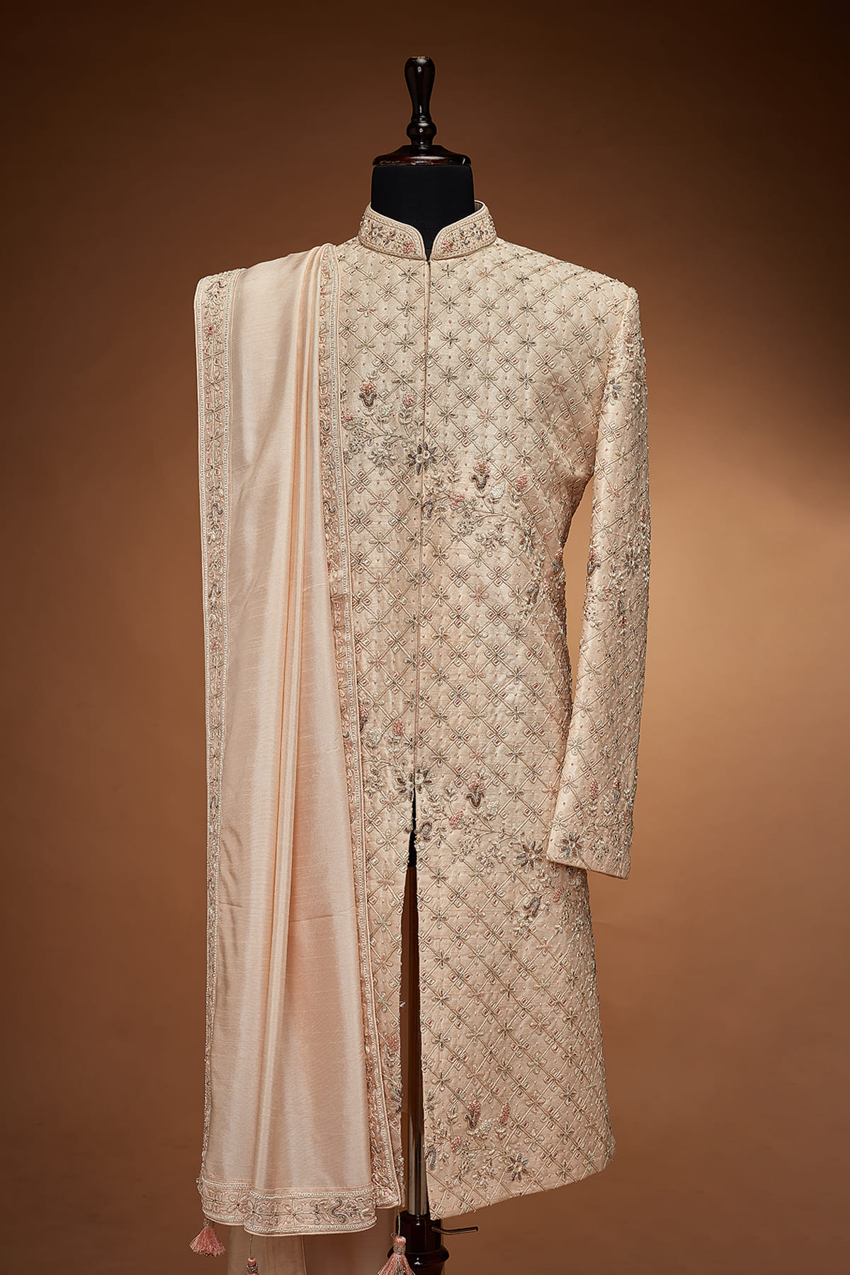 Buy Peach Dori Work Silk IndoWestern Sherwani with Mandarin Collar Online | Samyakk