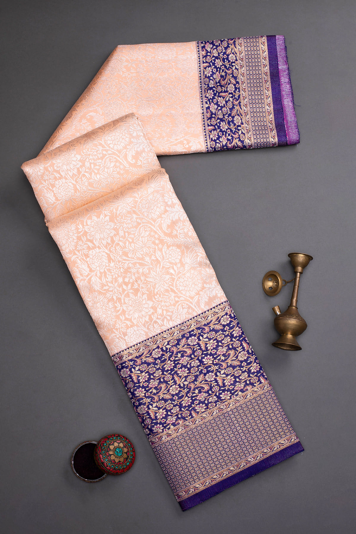 Buy Peach Kanchipuram Silk Pure Zari Saree with Unstitched Blouse ...