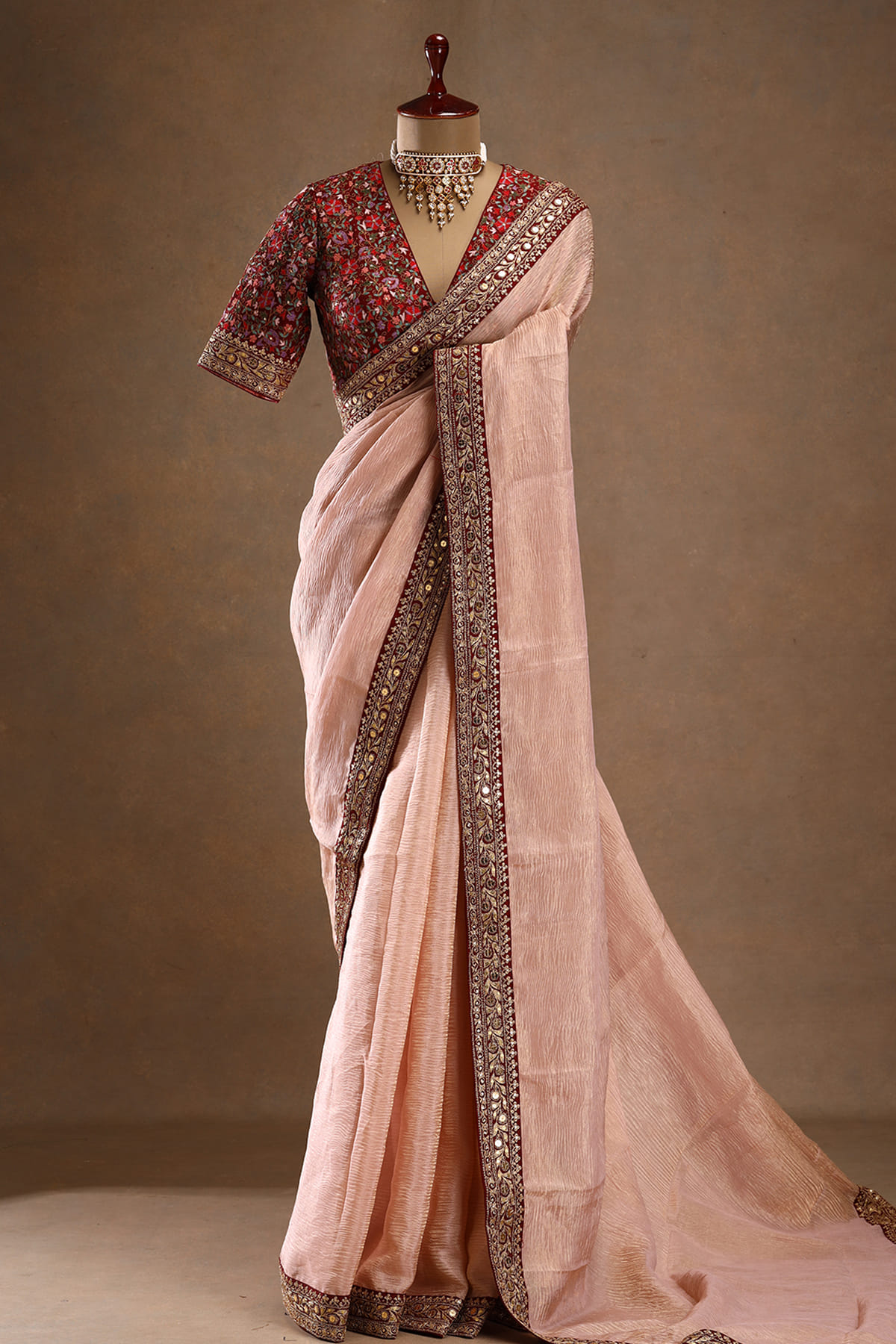 Buy Peach Pink Designer Tissue Saree With Readymade Elbow Sleeve Blouse ...