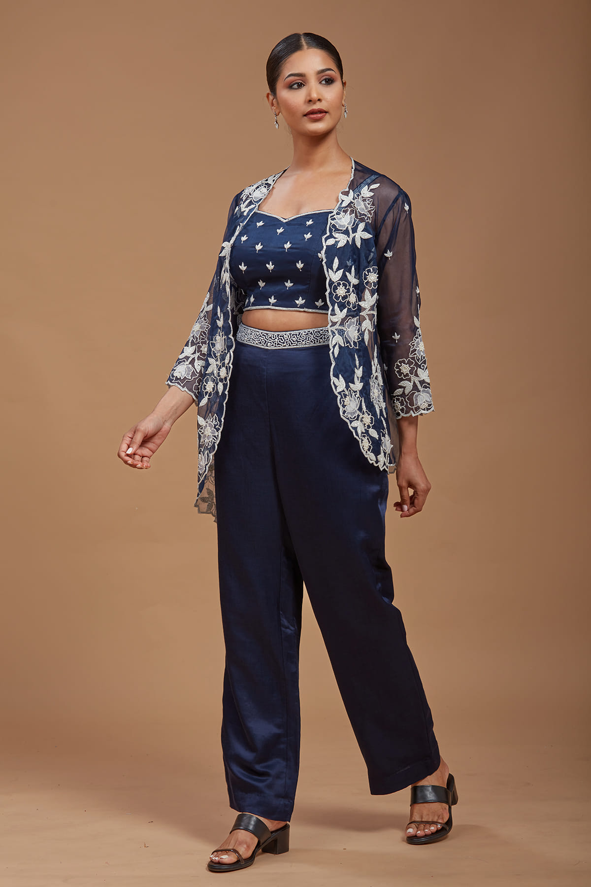 Buy Prussian Blue Silk Crop Top Suit with Resham Work and Embroidered ...