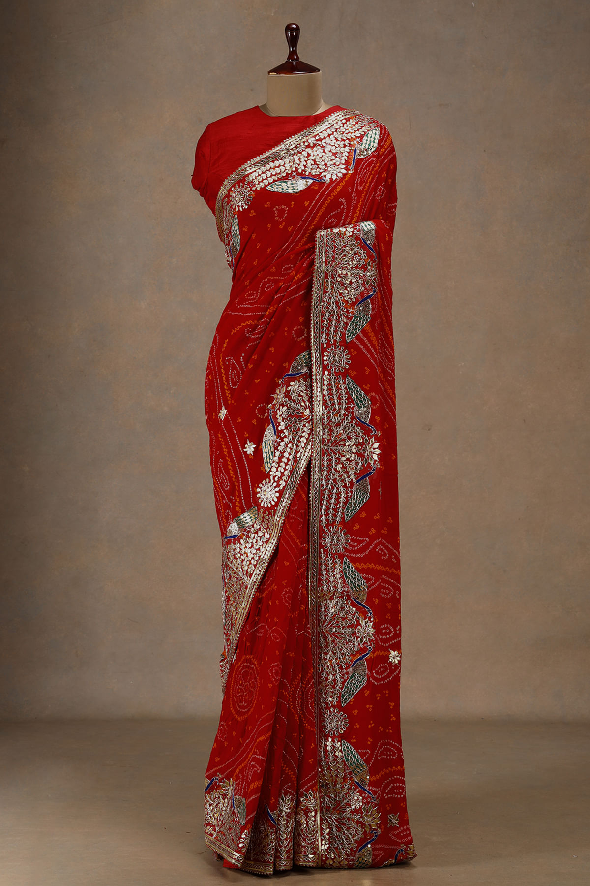 Buy Red Georgette Gota Embroidered Bandhani Saree with Unstitched Blouse Online | Samyakk