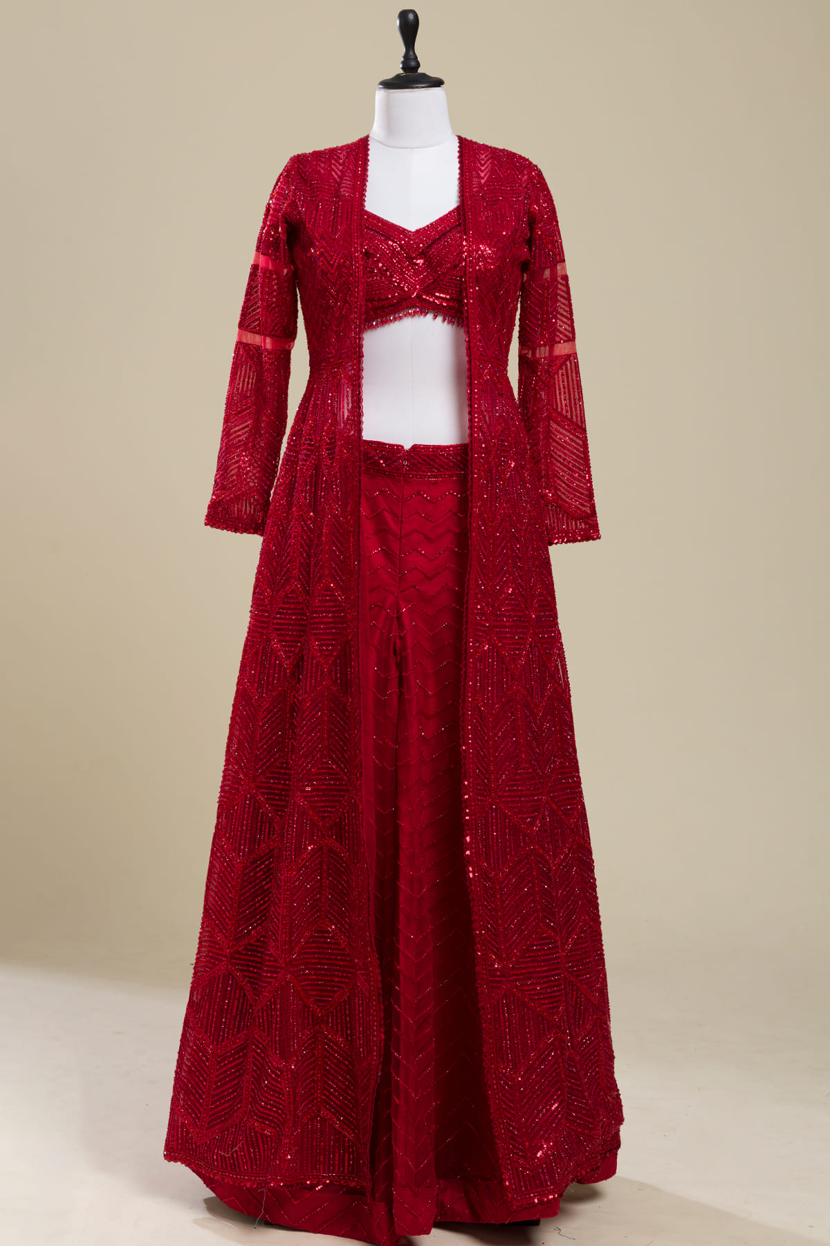 Buy Red Net Crop Top Suit with Embroidered Jacket Online | Samyakk