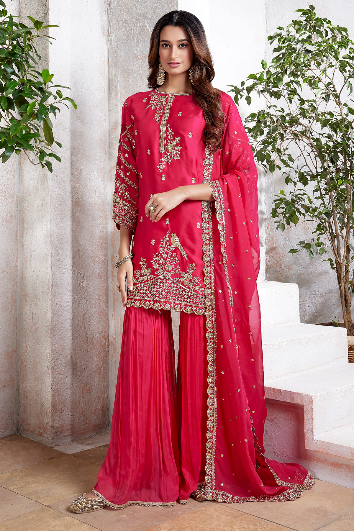 Buy Red Sharara Suit with Dori Embroidery and Round Neck Online | Samyakk