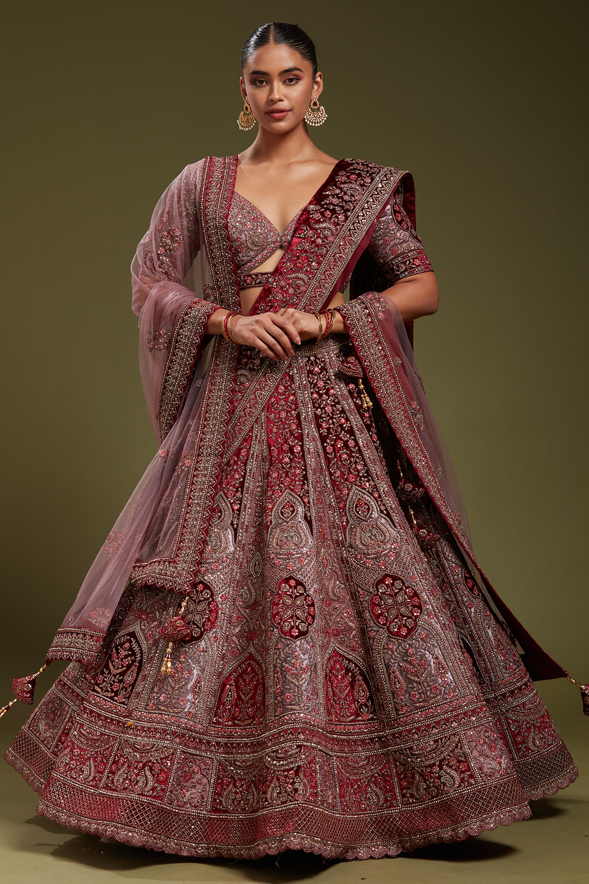 Buy Red Velvet Bridal Lehenga wilveth Curve V Neck Blouse Online | Samyakk