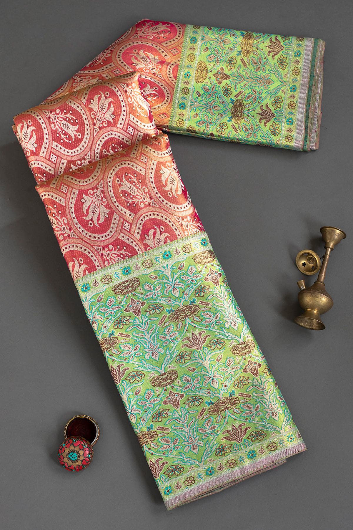 Buy Red Zari Woven Kanchipuram Tissue Saree with Unstitched Blouse ...