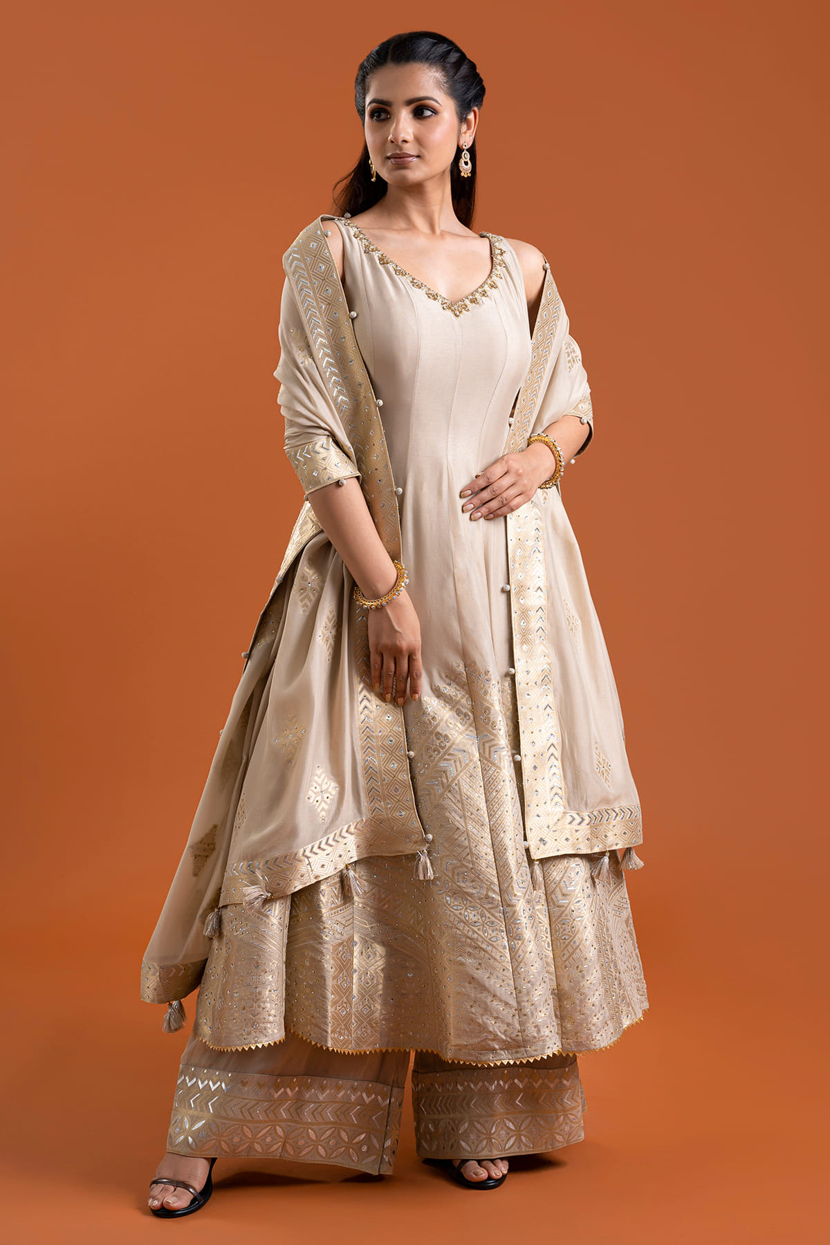 Buy Smoke Grey Stone Embroidered Silk Palazzo Suit Online | Samyakk